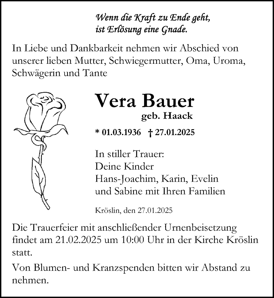 Traueranzeigen von Vera Bauer | trauer-anzeigen.de