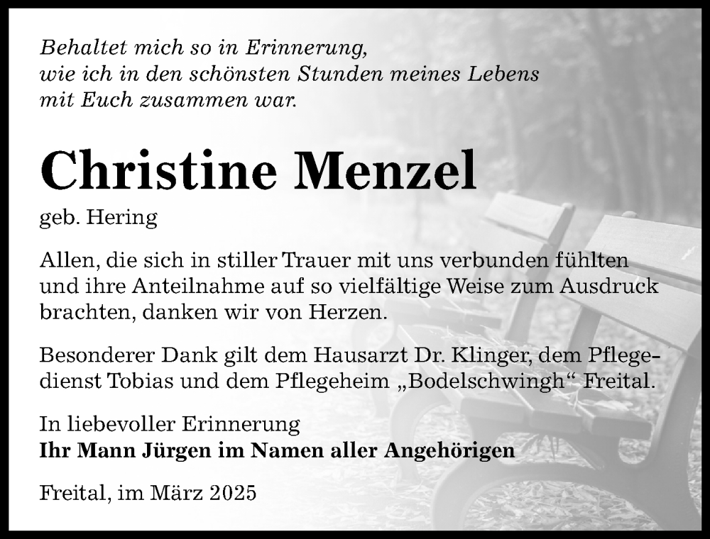 Traueranzeigen von Christine Menzel | trauer-anzeigen.de