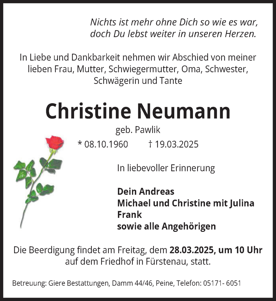 Traueranzeigen von Christine Neumann | trauer-anzeigen.de