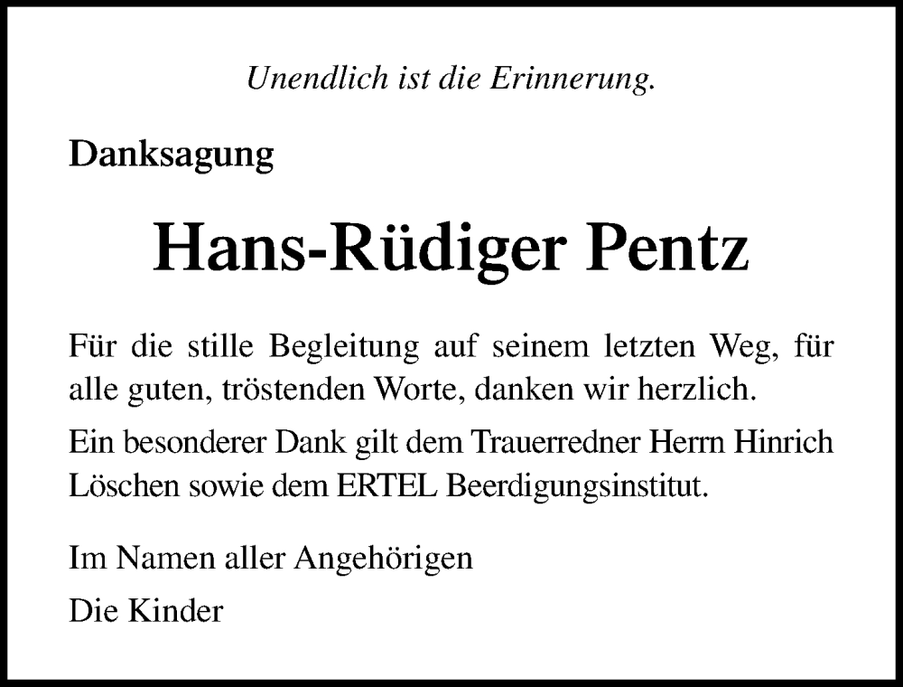 Traueranzeigen von Hans-Rüdiger Pentz | trauer-anzeigen.de