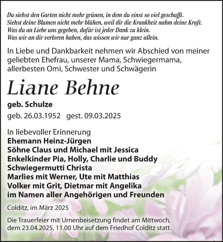Traueranzeigen von Liane Behne | trauer-anzeigen.de