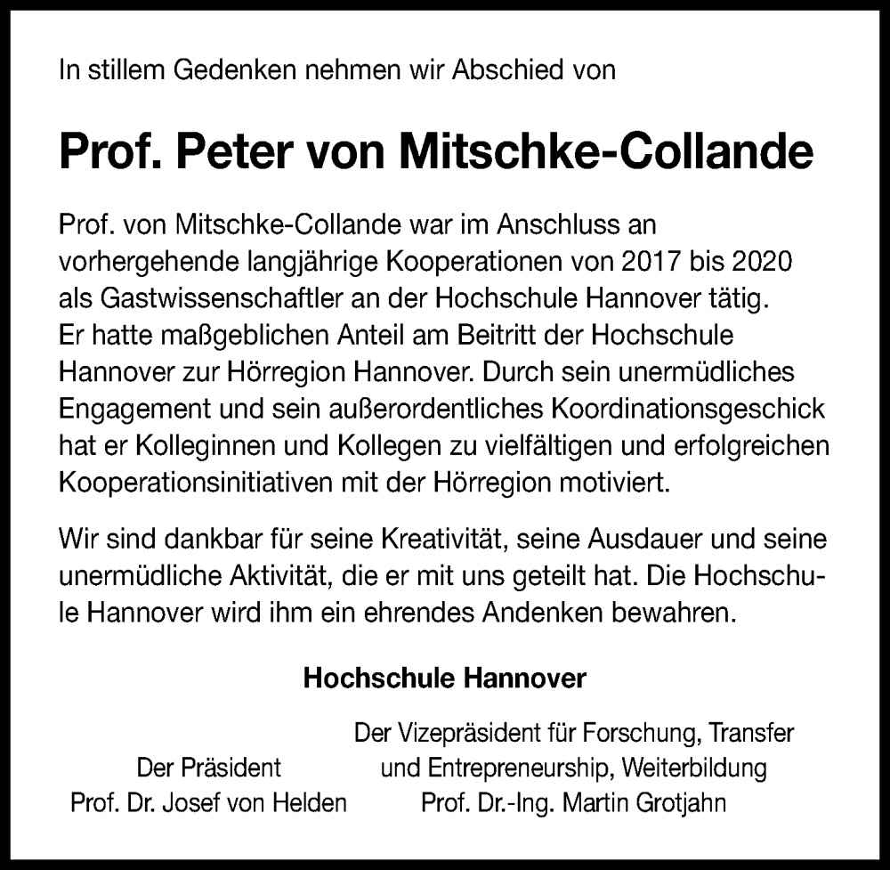 Traueranzeigen von Peter von Mitschke-Collande | trauer-anzeigen.de