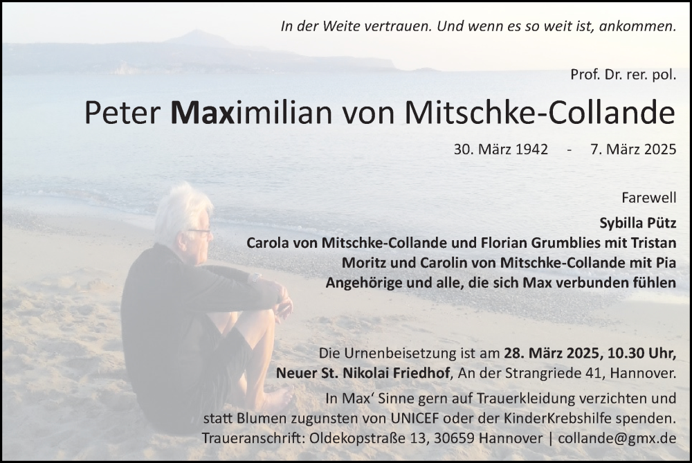 Traueranzeigen von Peter Maximilian von Mitschke-Collande | trauer ...