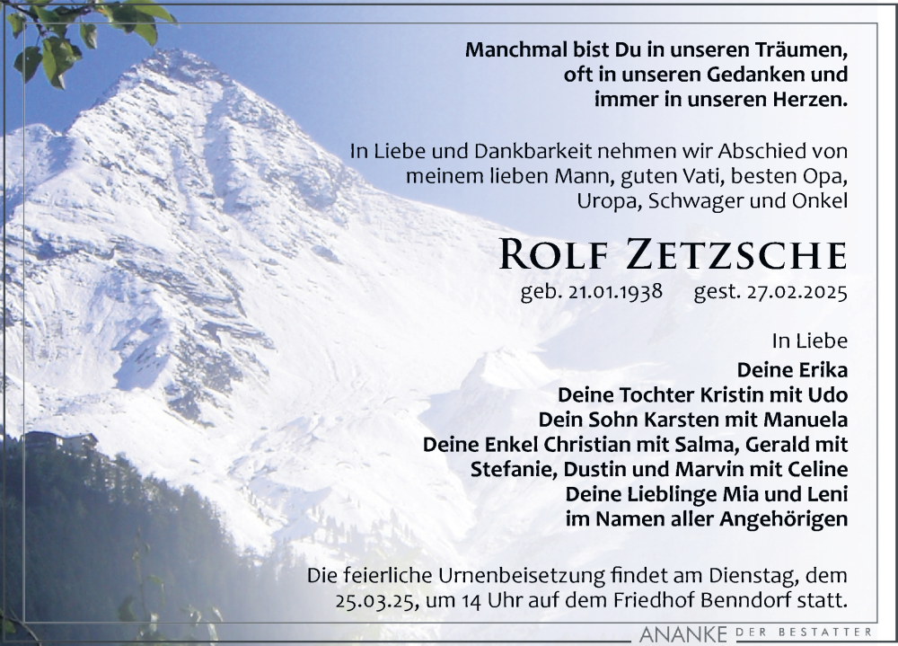 Traueranzeigen von Rolf Zetzsche | trauer-anzeigen.de
