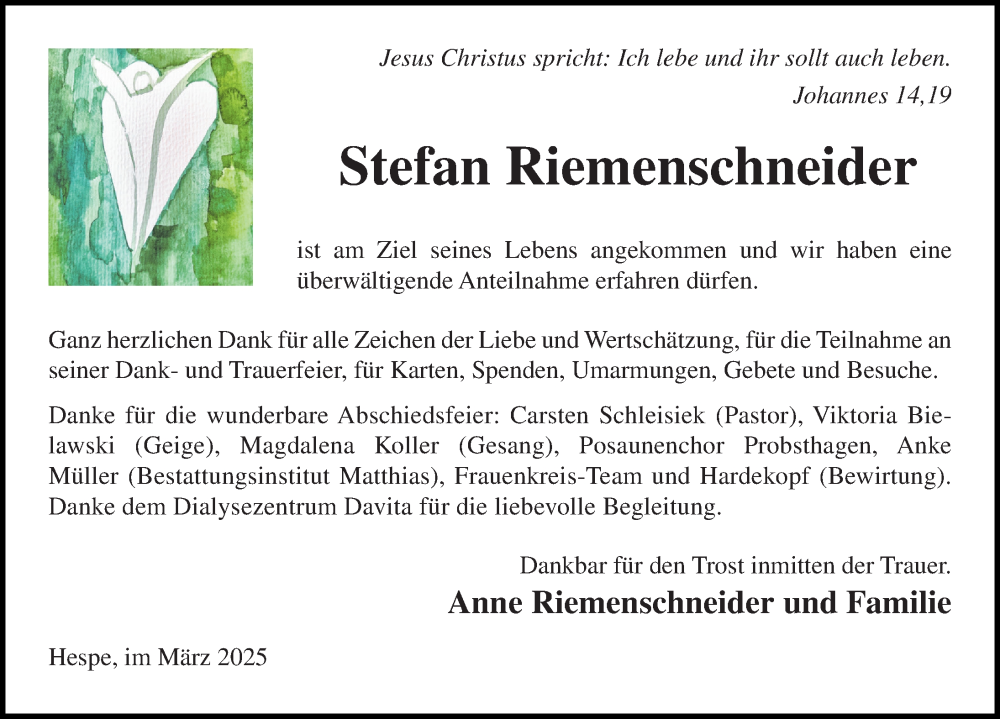 Traueranzeigen von Stefan Riemenschneider | trauer-anzeigen.de