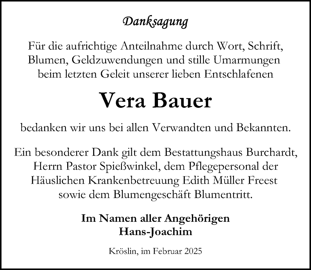 Traueranzeigen von Vera Bauer | trauer-anzeigen.de