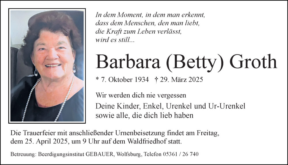 Traueranzeigen von Barbara Groth | trauer-anzeigen.de