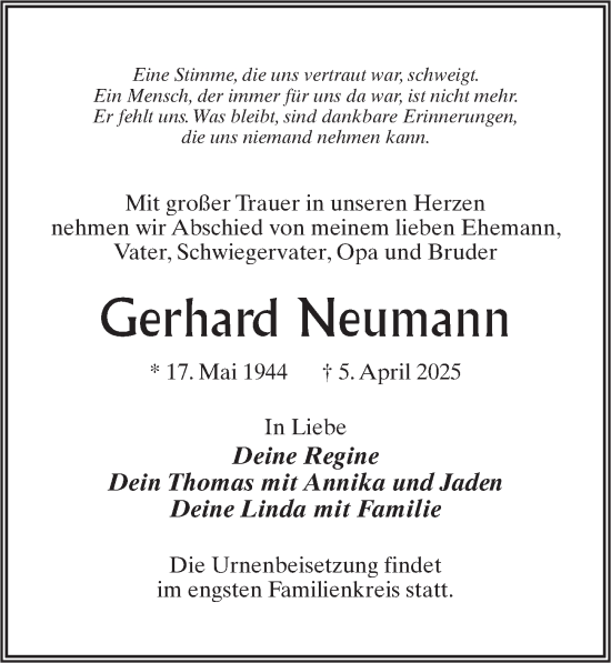 Traueranzeigen von Gerhard Neumann | trauer-anzeigen.de