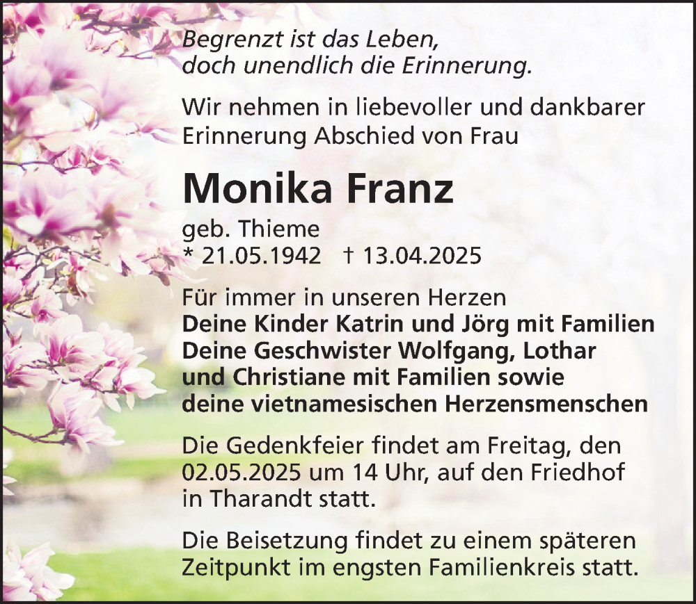 Traueranzeigen von Monika Franz | trauer-anzeigen.de