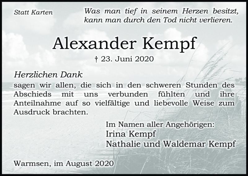 Traueranzeigen von Alexander Kempf | trauer-anzeigen.de