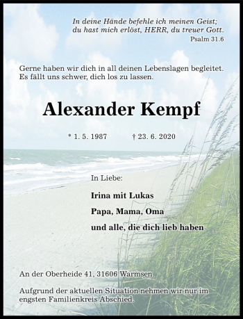 Traueranzeigen von Alexander Kempf | trauer-anzeigen.de