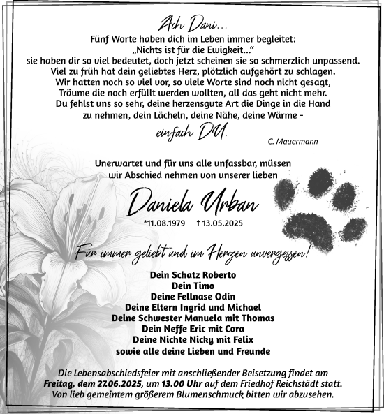 Traueranzeigen von Daniela Urban | trauer-anzeigen.de