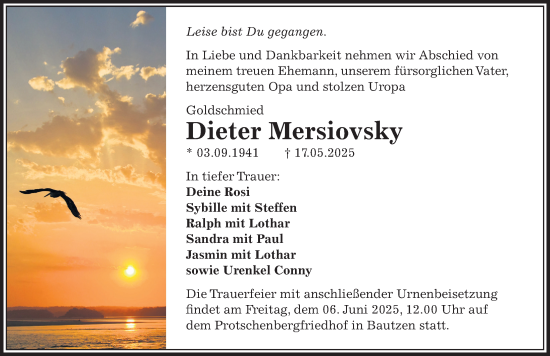 Traueranzeigen von Dieter Mersiovsky | trauer-anzeigen.de