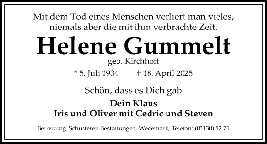 Traueranzeigen von Helene Gummelt | trauer-anzeigen.de