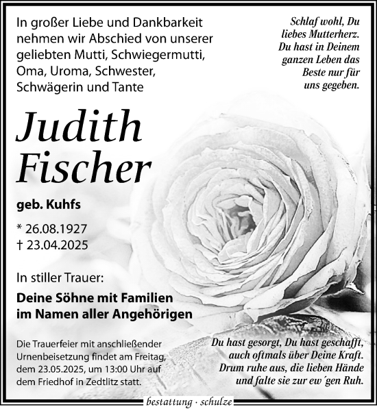 Traueranzeigen von Judith Fischer | trauer-anzeigen.de