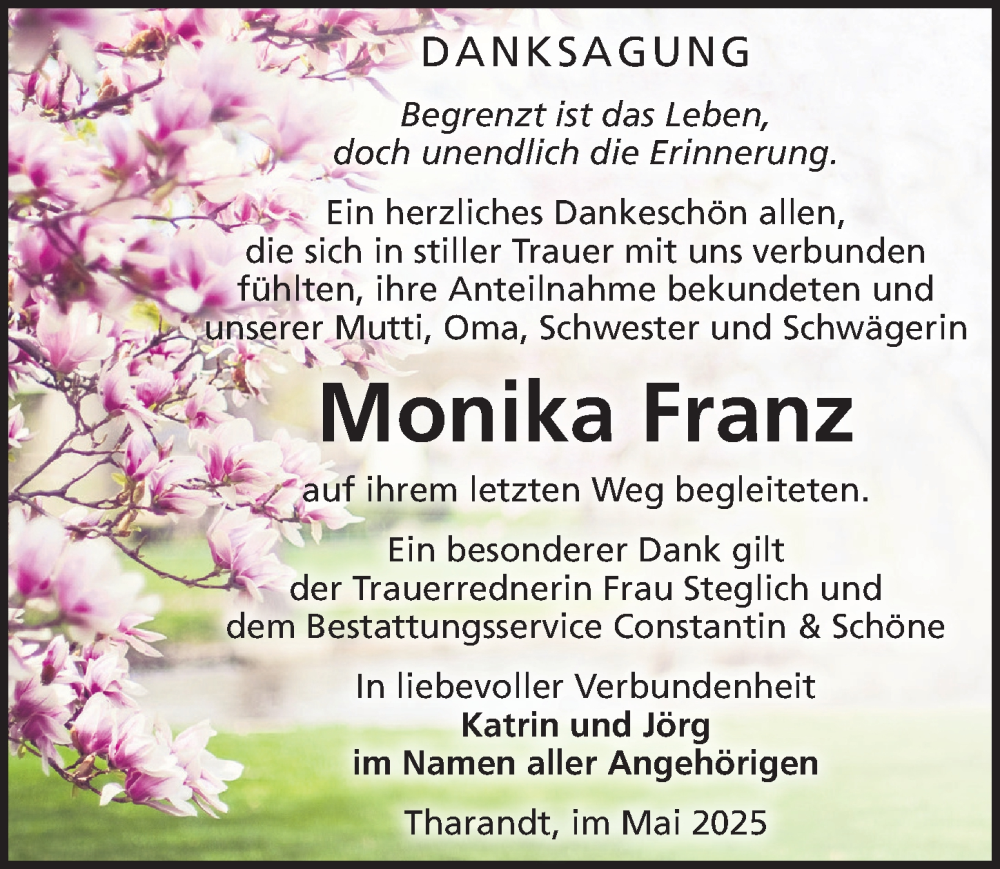 Traueranzeigen von Monika Franz | trauer-anzeigen.de
