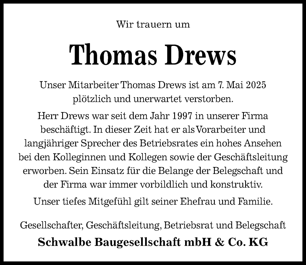 Traueranzeigen von Thomas Drews | trauer-anzeigen.de