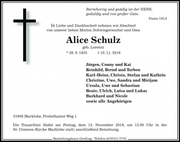 Traueranzeigen von Alice Schulz | trauer-anzeigen.de