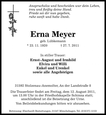 Traueranzeigen von Erna Meyer | trauer-anzeigen.de