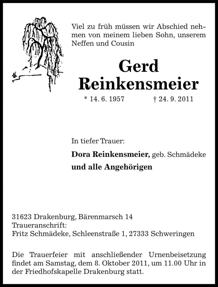 Traueranzeigen von Gerd Reinkensmeier | trauer-anzeigen.de