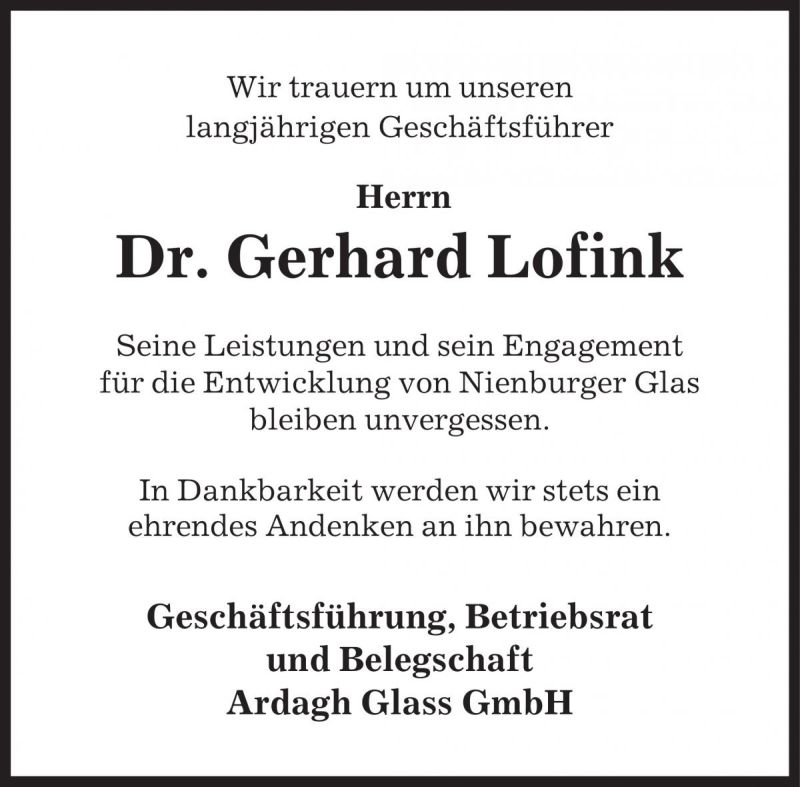 Traueranzeigen von Gerhard Lofink | trauer-anzeigen.de
