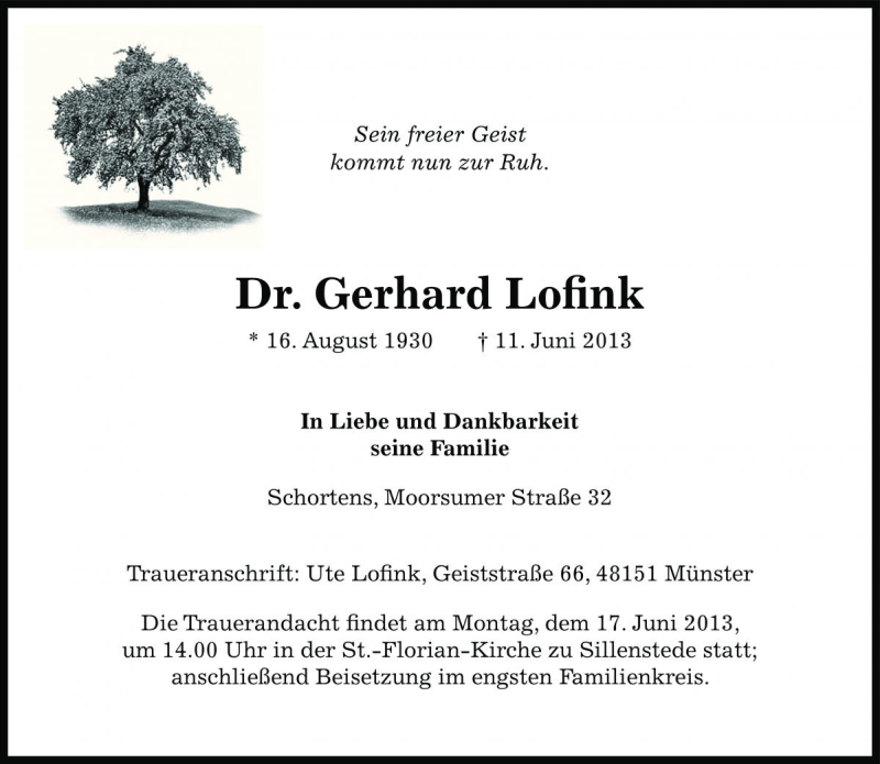 Traueranzeigen von Gerhard Lofink | trauer-anzeigen.de