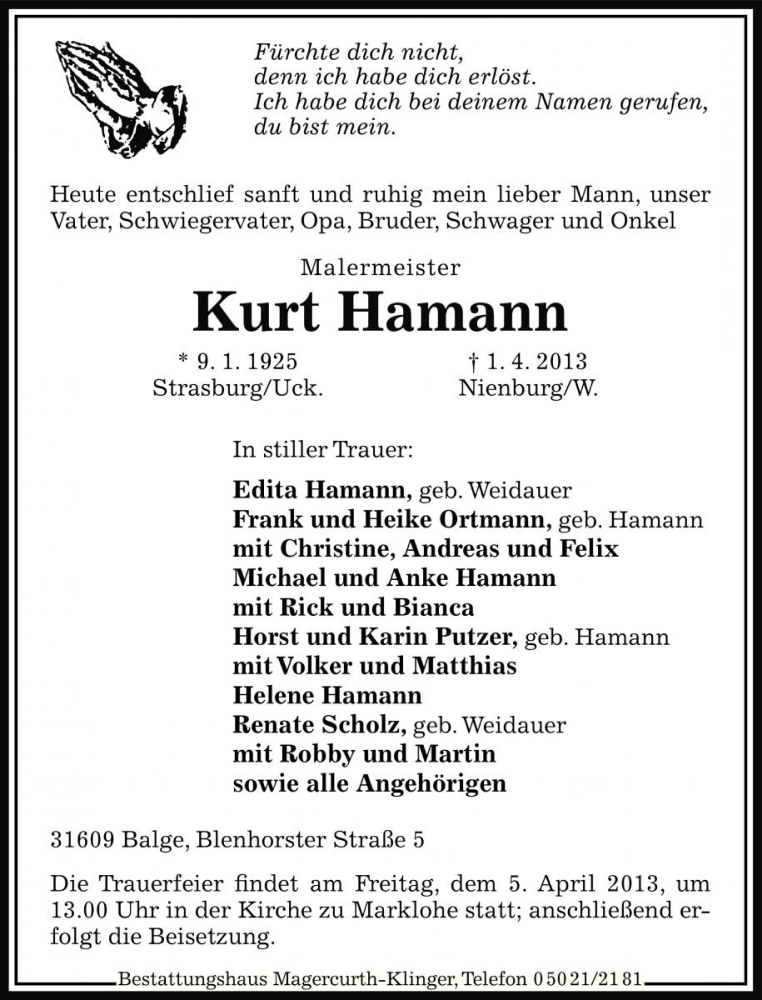 Traueranzeigen von Kurt Hamann | trauer-anzeigen.de