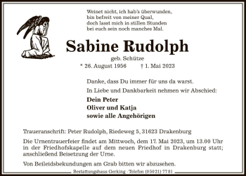 Traueranzeigen von Sabine Rudolph | trauer-anzeigen.de