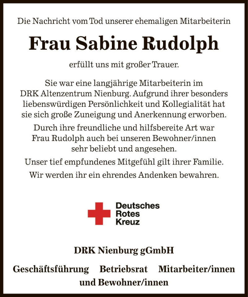 Traueranzeigen von Sabine Rudolph | trauer-anzeigen.de