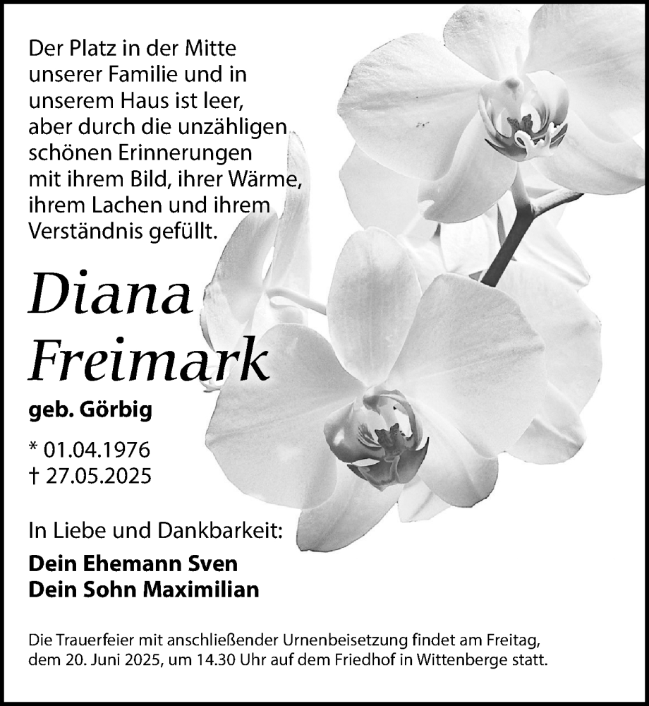 Traueranzeigen von Diana Freimark | trauer-anzeigen.de