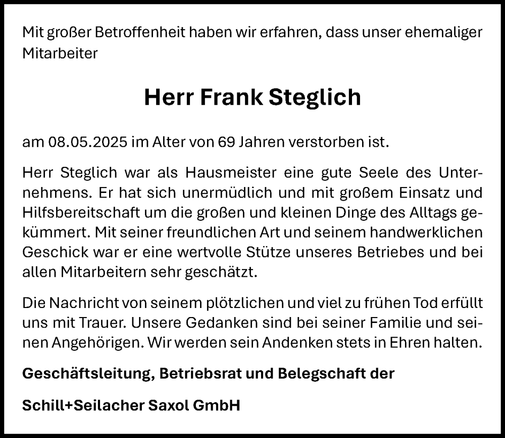 Traueranzeigen von Frank Steglich | trauer-anzeigen.de