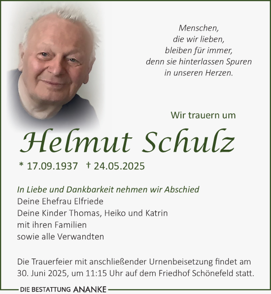 Traueranzeigen von Helmut Schulz | trauer-anzeigen.de