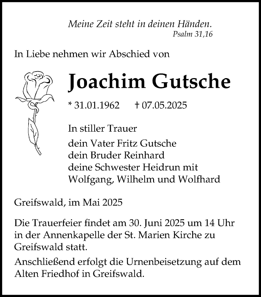 Traueranzeigen von Joachim Gutsche | trauer-anzeigen.de