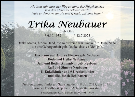 Traueranzeigen von Erika Neubauer | trauer-anzeigen.de