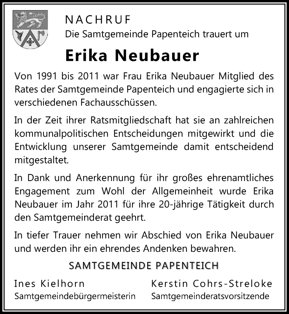 Traueranzeigen von Erika Neubauer | trauer-anzeigen.de