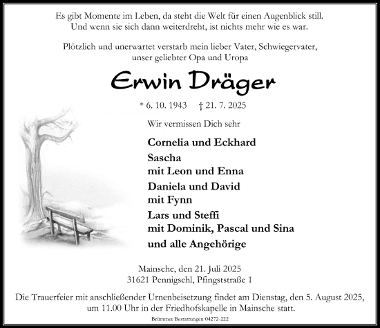 Traueranzeigen von Erwin Dräger | trauer-anzeigen.de