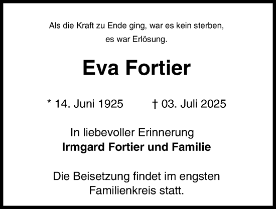 Traueranzeigen von Eva Fortier | trauer-anzeigen.de