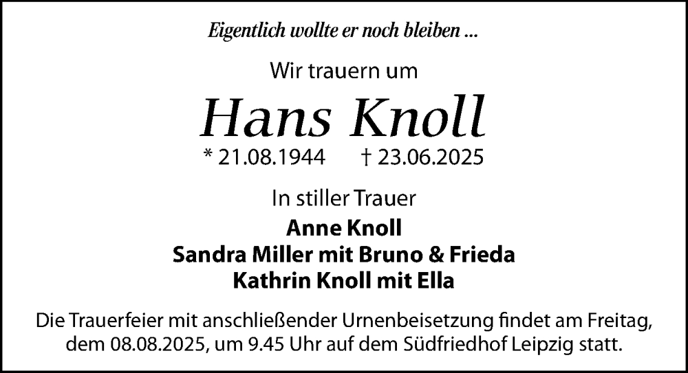 Traueranzeigen von Hans Knoll | trauer-anzeigen.de