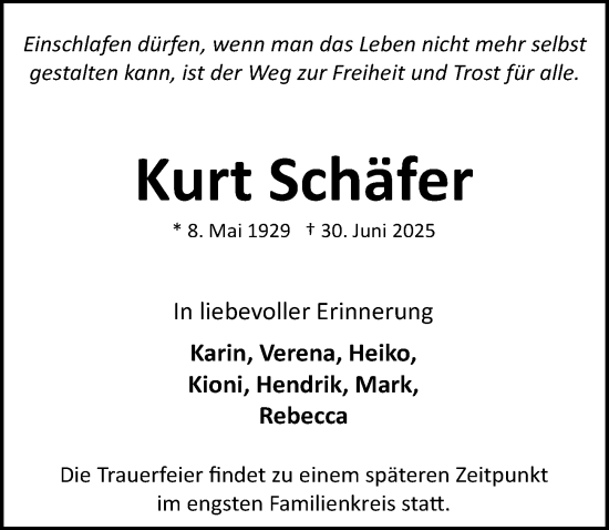 Traueranzeigen von Kurt Schäfer | trauer-anzeigen.de