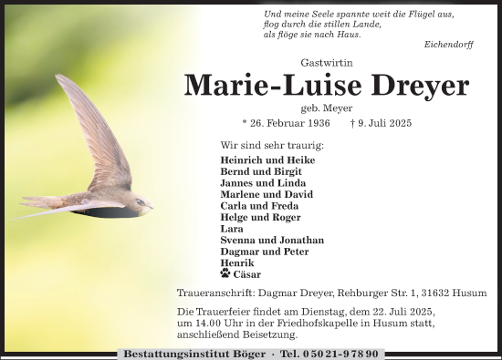 Traueranzeigen von Marie-Luise Dreyer | trauer-anzeigen.de