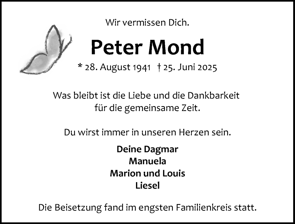 Traueranzeigen von Peter Mond | trauer-anzeigen.de