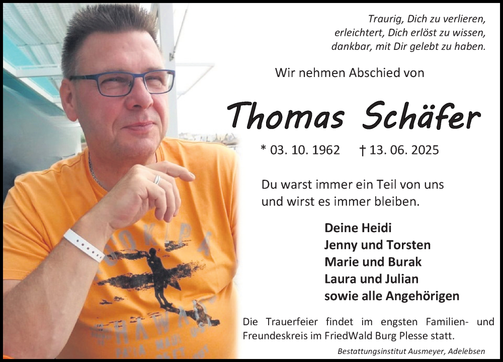 Traueranzeigen von Thomas Schäfer | trauer-anzeigen.de