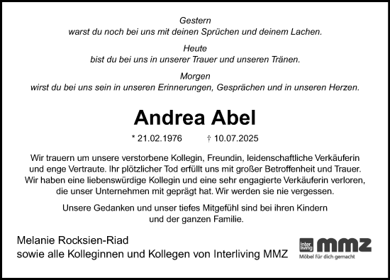 Traueranzeigen von Andrea Abel | trauer-anzeigen.de