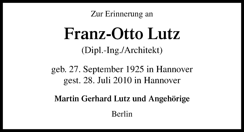 Traueranzeigen von Franz-Otto Lutz | trauer-anzeigen.de