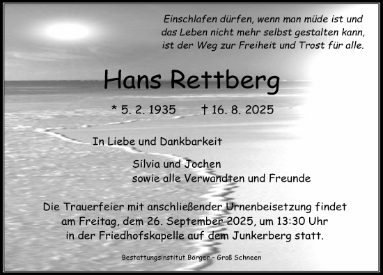 Traueranzeigen von Hans Rettberg | trauer-anzeigen.de