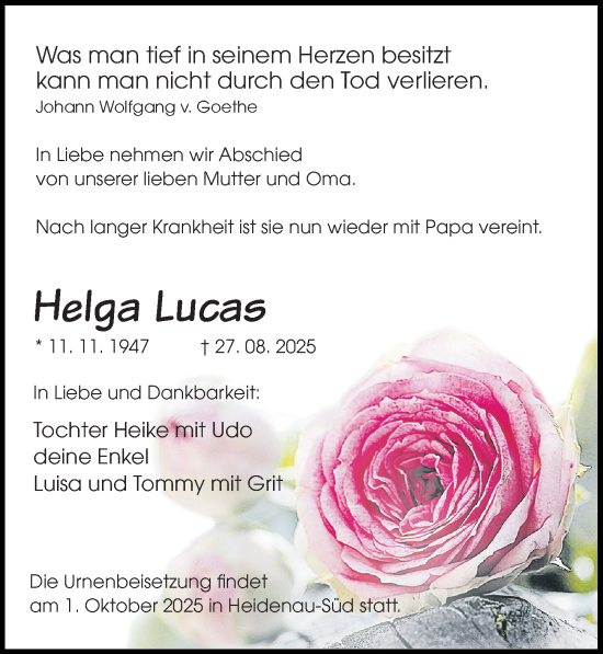 Traueranzeigen von Helga Lucas | trauer-anzeigen.de