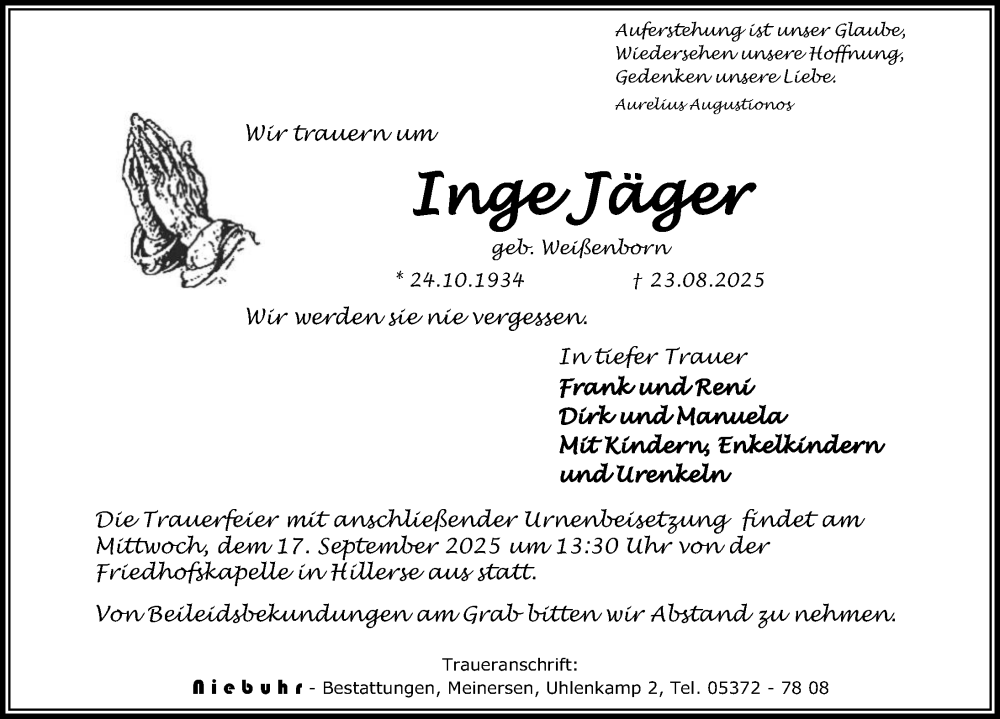 Traueranzeigen von Inge Jäger | trauer-anzeigen.de